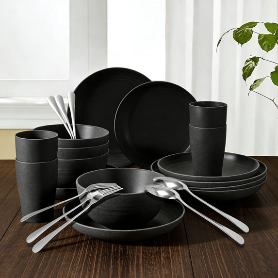 24 Piece Plates And Sets For 4- Unbreakable Wheat Straw Dinnerware ...