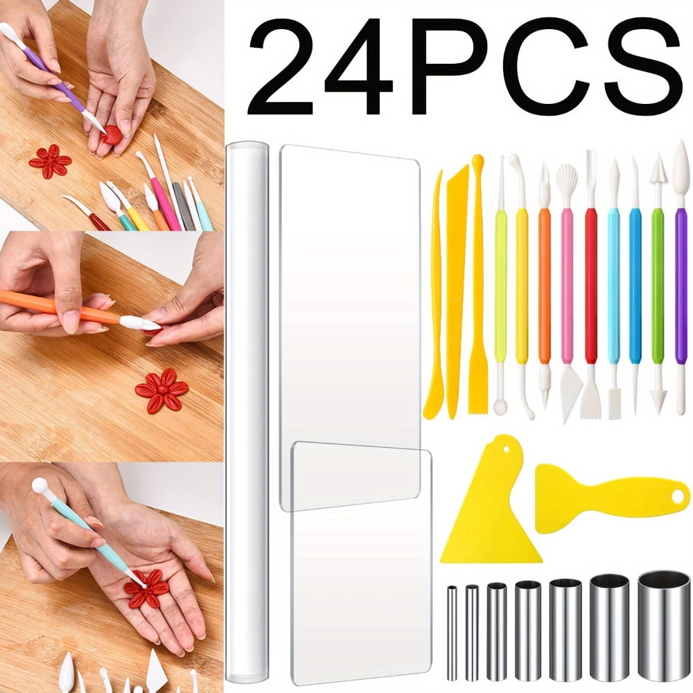 24-Piece Polymer Clay Tool Kit with Acrylic Roller, Cutters & Sculpting ...