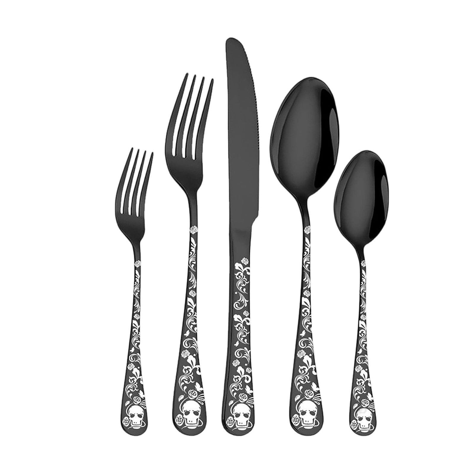 5-Piece Rainbow Stainless Steel Flatware Set with Engraved Skull Design ...