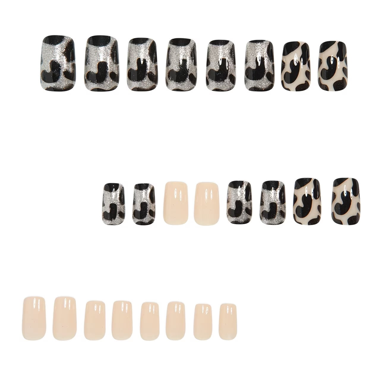 24-Piece Shiny Square Press on Nails Set - Black Geometric Stripes ...