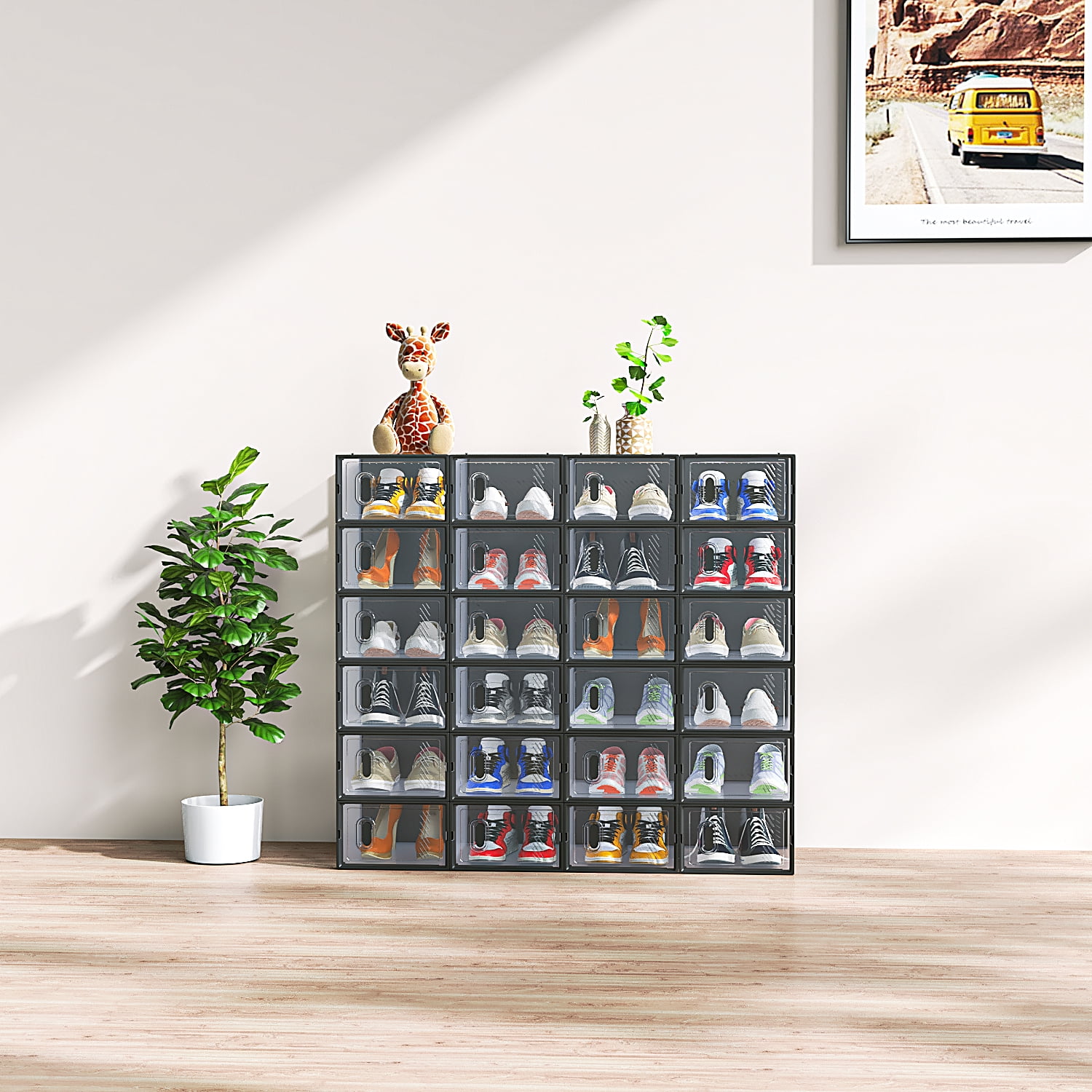 24-Piece Shoe Storage Box Set, Plastic Mesh & Stackable Black Small ...