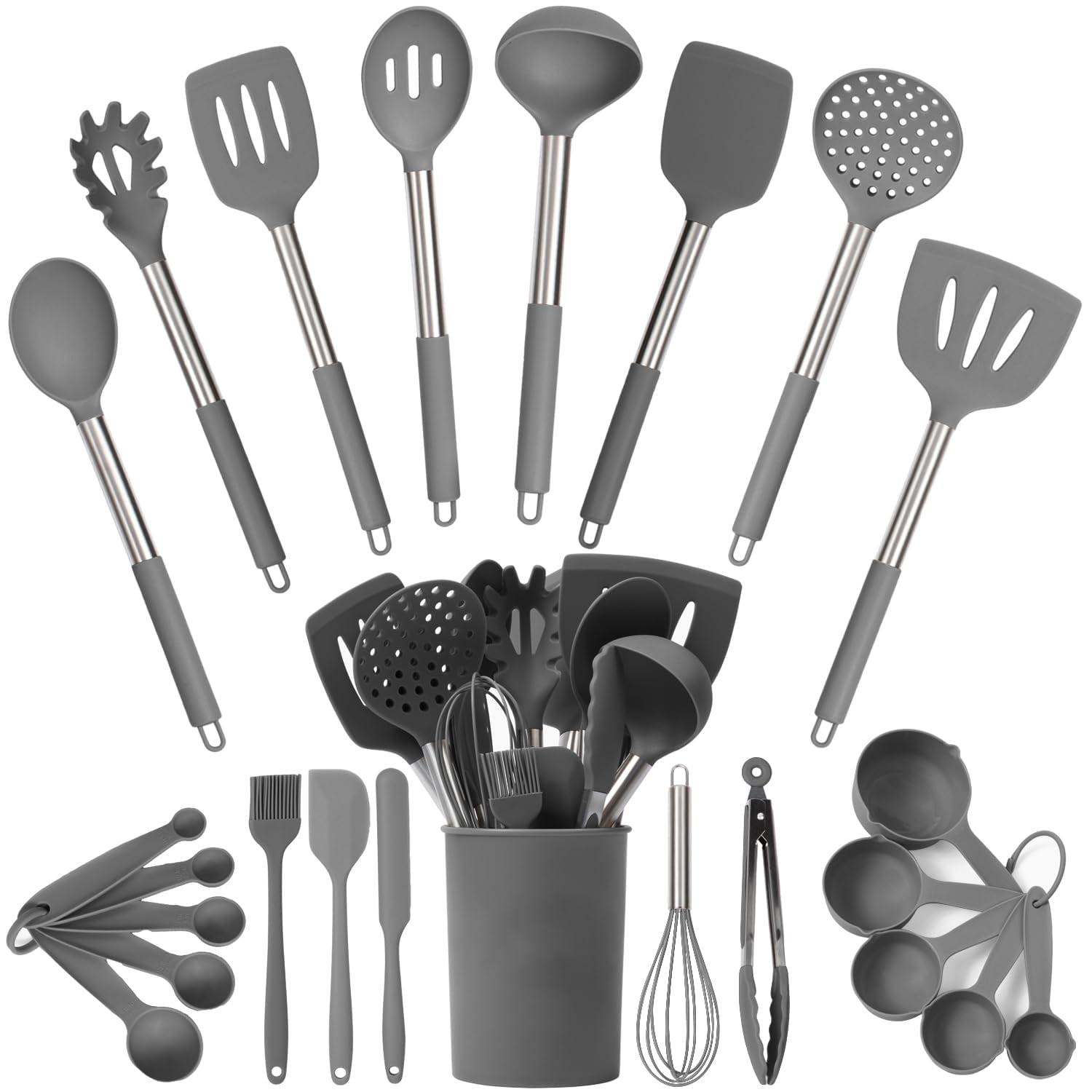 24-Piece Silicone Cooking Utensils Set with Stainless Steel Handles ...