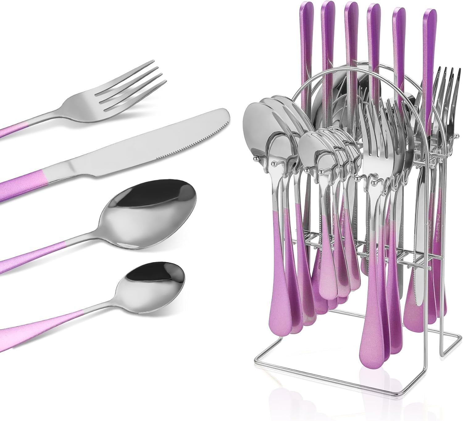 24-Piece Silverware Set, Stainless Steel Flatware Set with Colorful ...