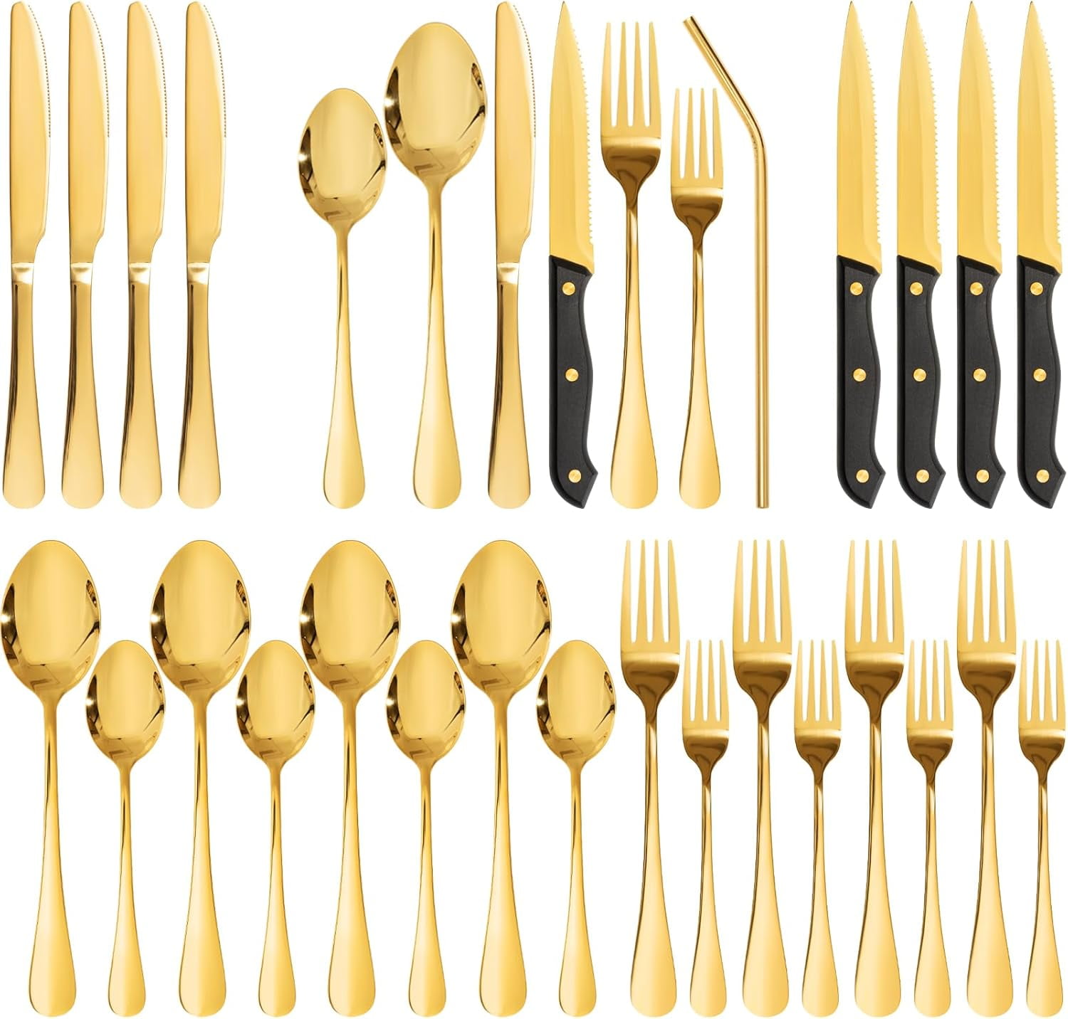 24-Piece Silverware Set with Steak Knives Gold Flatware Set for 4 Food ...