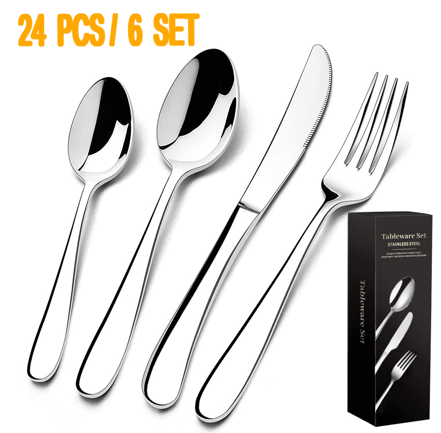 24-Piece Silverware Set with Steak Knives, Stainless Steel, Service for ...