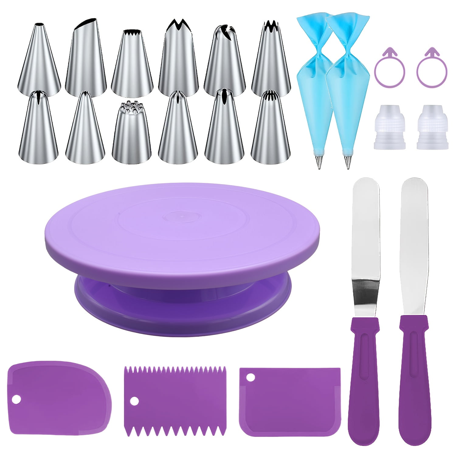 24-Piece Stainless Steel Cake Decorating Set - Icing Tips & Turntable ...