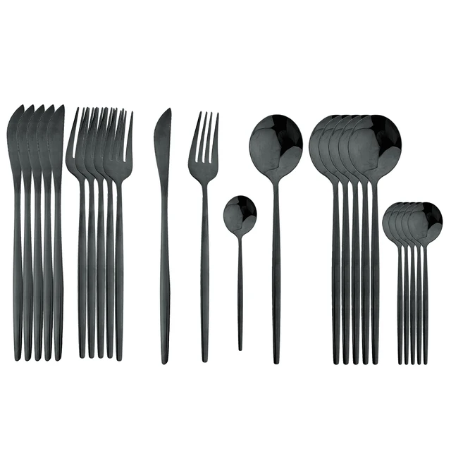 24-Piece Stainless Steel Dinnerware Set, Black Cutlery Set - Includes ...