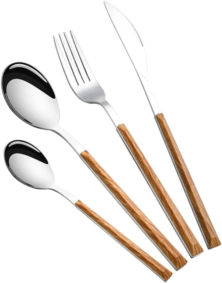 24-Piece wooden handle Silverware Set, Food-Grade Stainless Steel ...