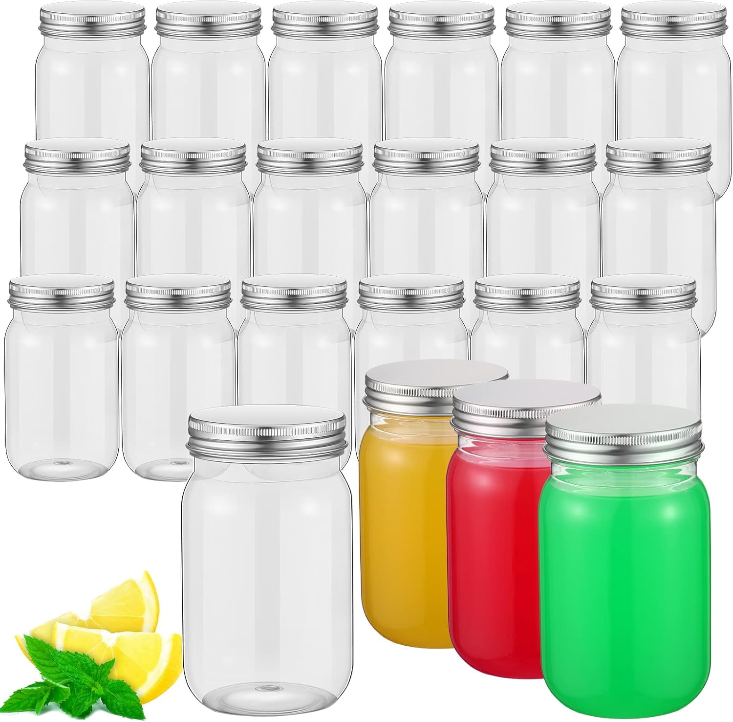 24 Pieces 16 oz Clear Plastic Mason Jars with Lids Refillable Mason Cocktail Cup Empty Canning ...