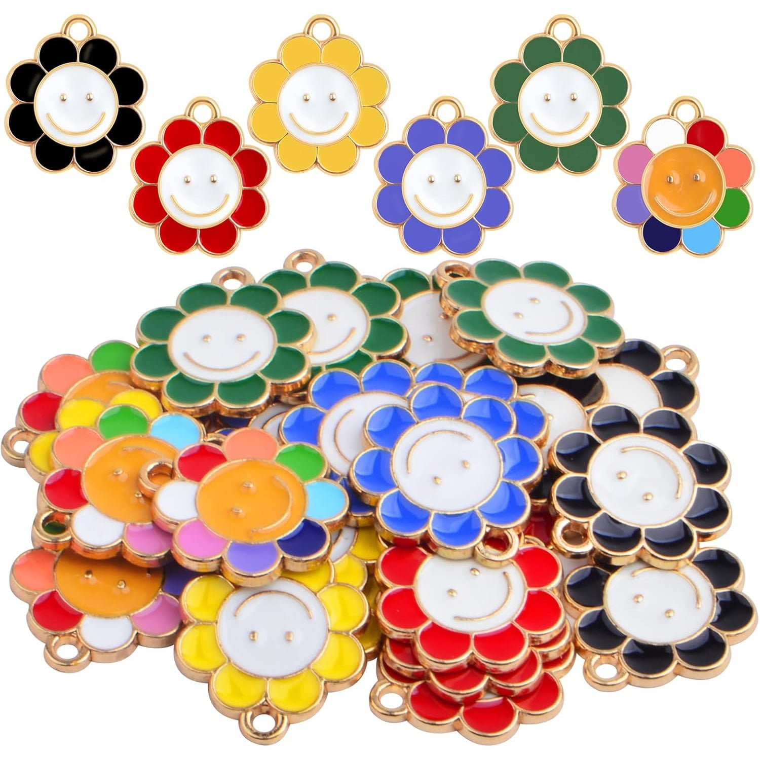 24 Pieces Alloy Flower Smiley Face Charms Colorful Enamel Sunflower ...