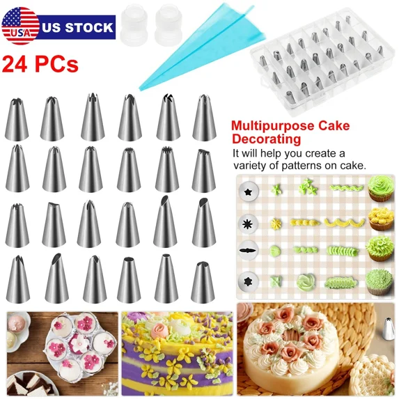 24 Pieces Cake Decorating Kit Supplies Tools Tips Icing Bag Nozzles ...