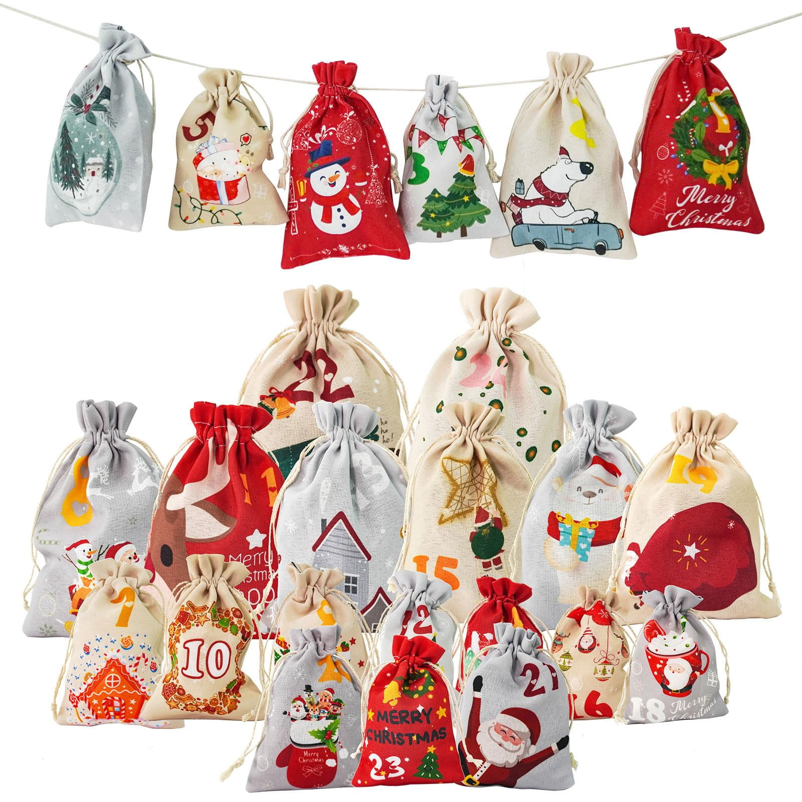 24 Pieces Christmas Countdown Bag with Drawstrings Small Christmas Gift ...