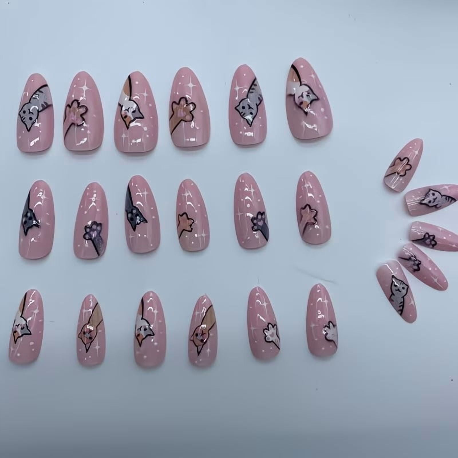 24 Pieces Cute Pink Kitten Pattern Press on Nails - Easy DIY Nail Art ...
