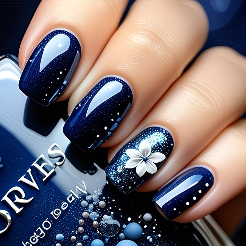 24 Pieces Dark Blue Floral Press on Nails Set - Short Square Fake Nails ...