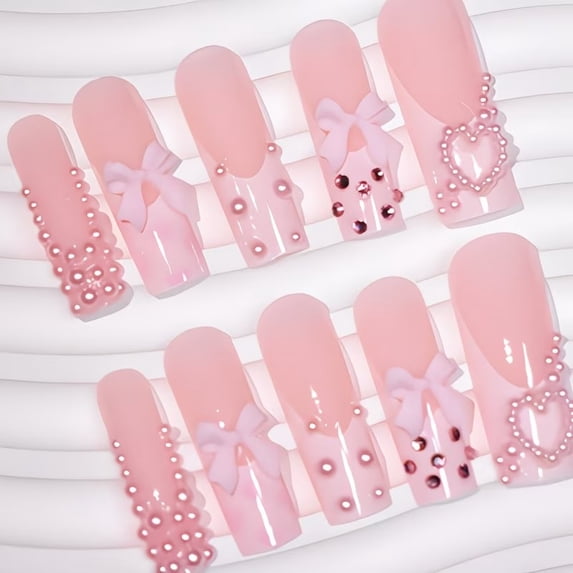 24 Pieces Dropper Style Press on Nails Art Stickers with Embossed Bow ...