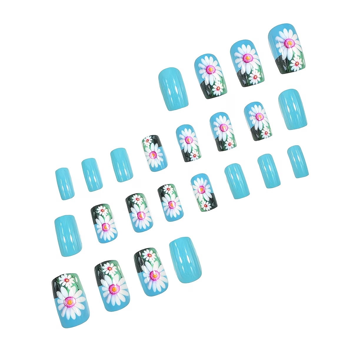 24 Pieces Green Daisy Pattern Medium Square Press-On Nails - Removable ...