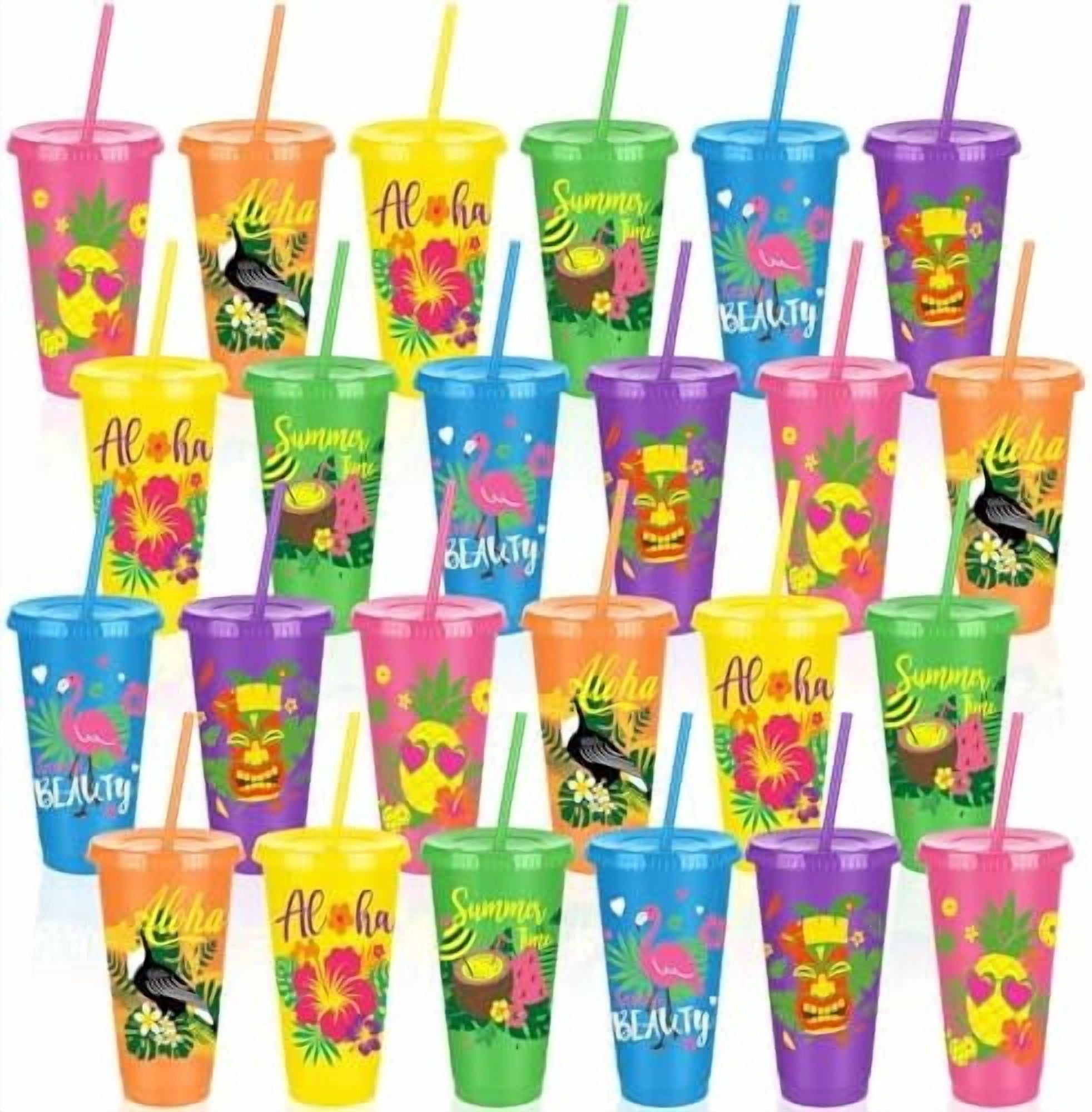24 Pieces Hawaiian Plastic Cups with Lids and Straws 24 oz Reusable ...