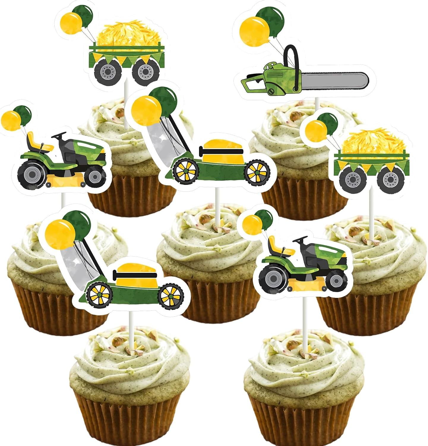 24 Pieces Lawnmower Birthday Cupcake Toppers, Green Tractor Cupcake ...
