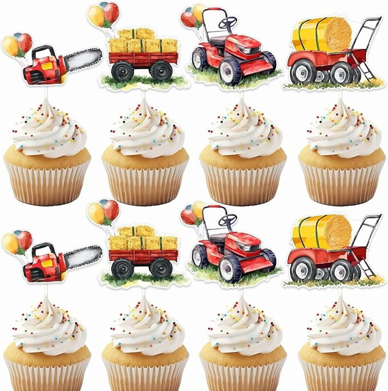 24 Pieces Lawnmower Birthday Cupcake Toppers Red Tractor Cupcake ...