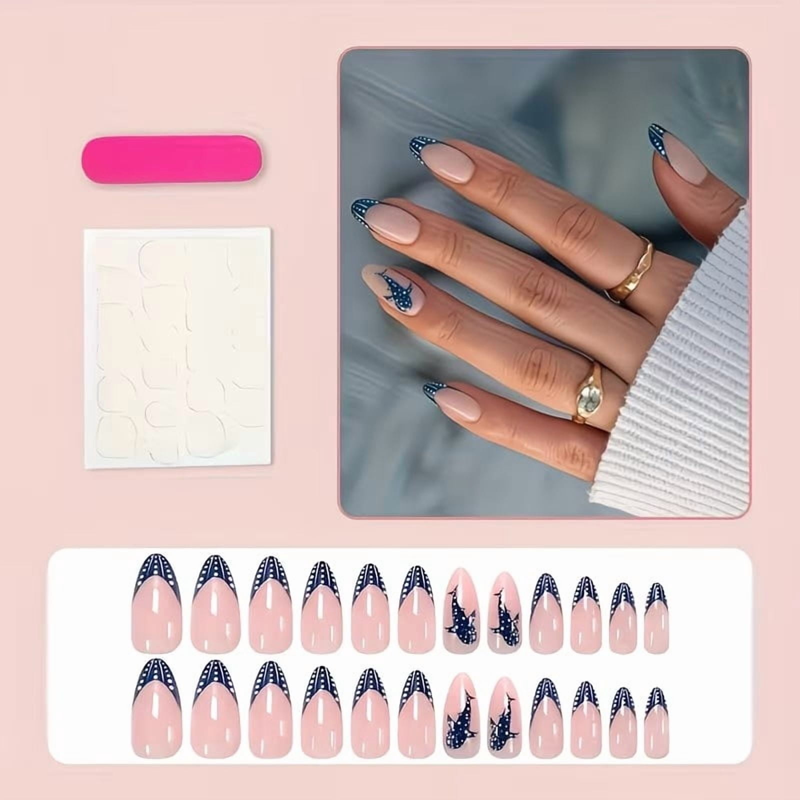 24 Pieces Medium Almond-Shaped Gradient Blue French Tip Press on Nails ...