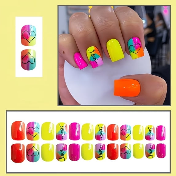 24 Pieces Neon Heart Press on Nails Set - Short Square Glitter Finish ...