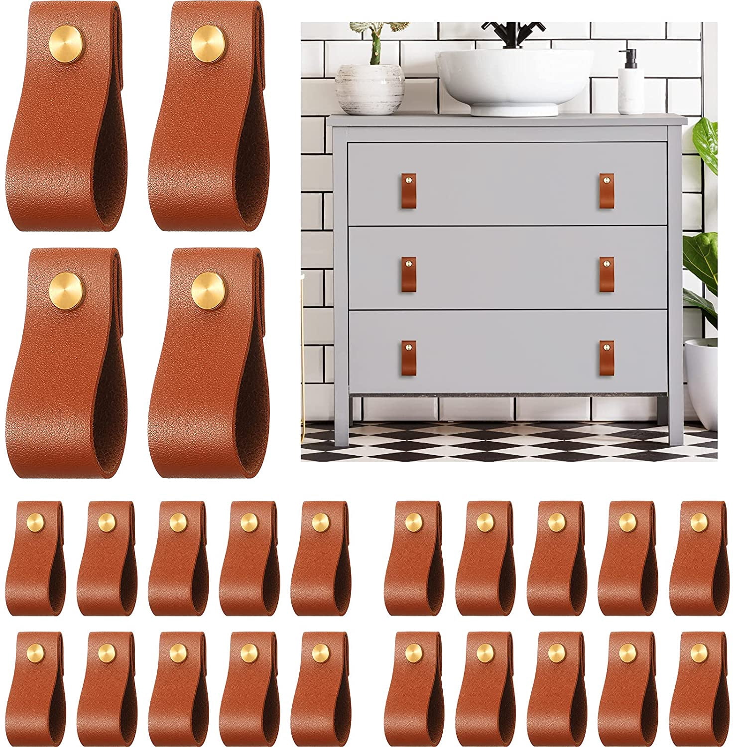 24 Pieces PVC Leather Drawer Pulls Handmade PVC Leather Cabinet ...