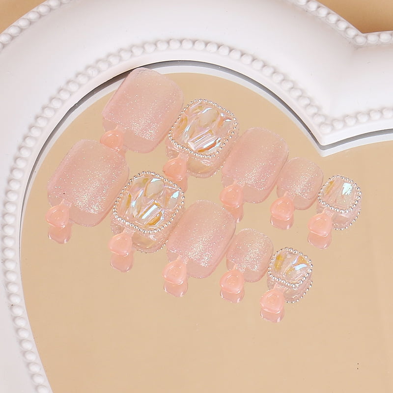24 Pieces Pink Crystal Cat's Eye Nail Tips Removable Reusable Fake ...