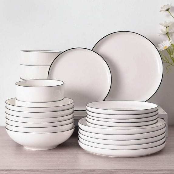 24 Pieces Plates And Bowls Sets With Black Edge, Modern Porcelain ...