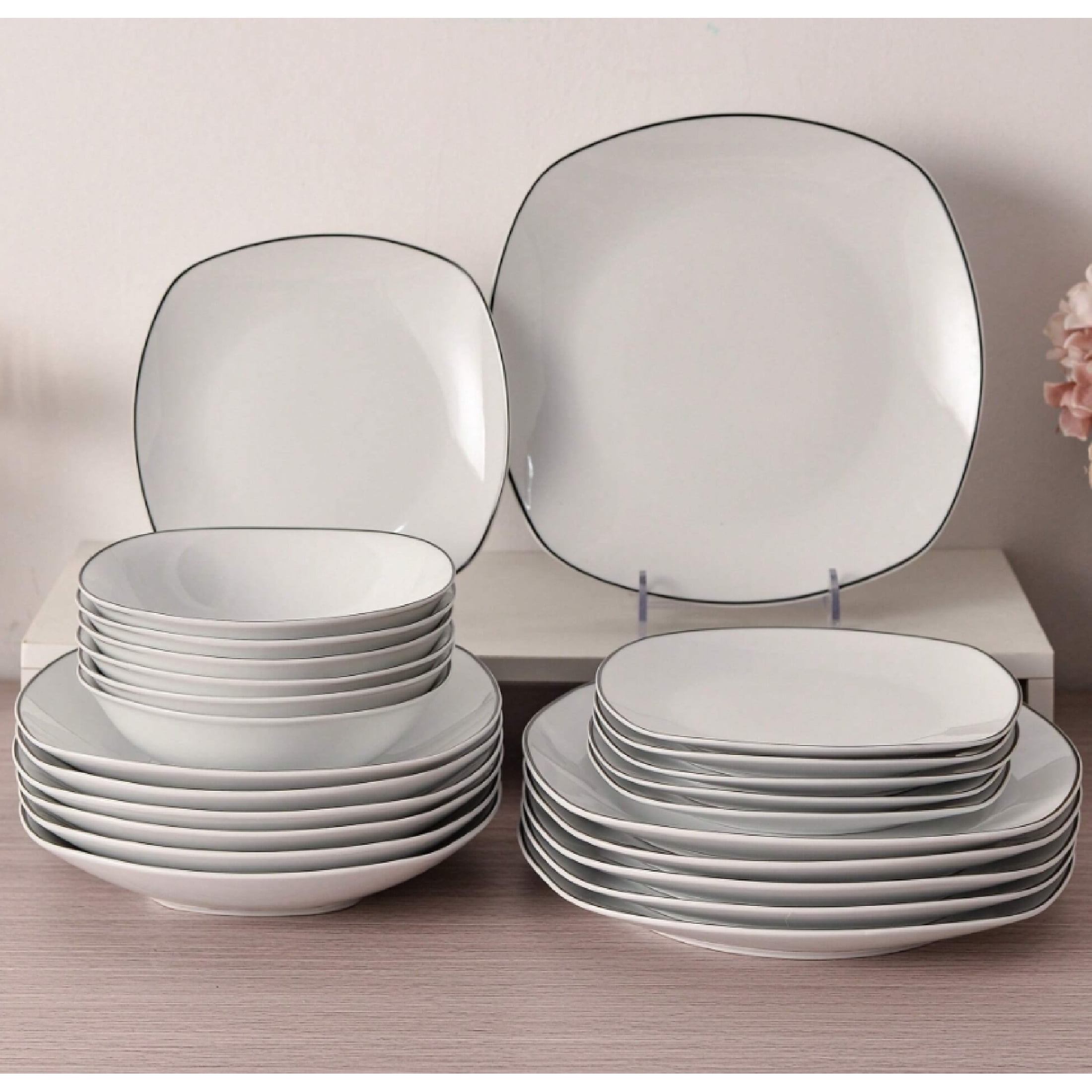 24 Pieces Plates And Bowls Sets With Black Edge, Modern Porcelain ...