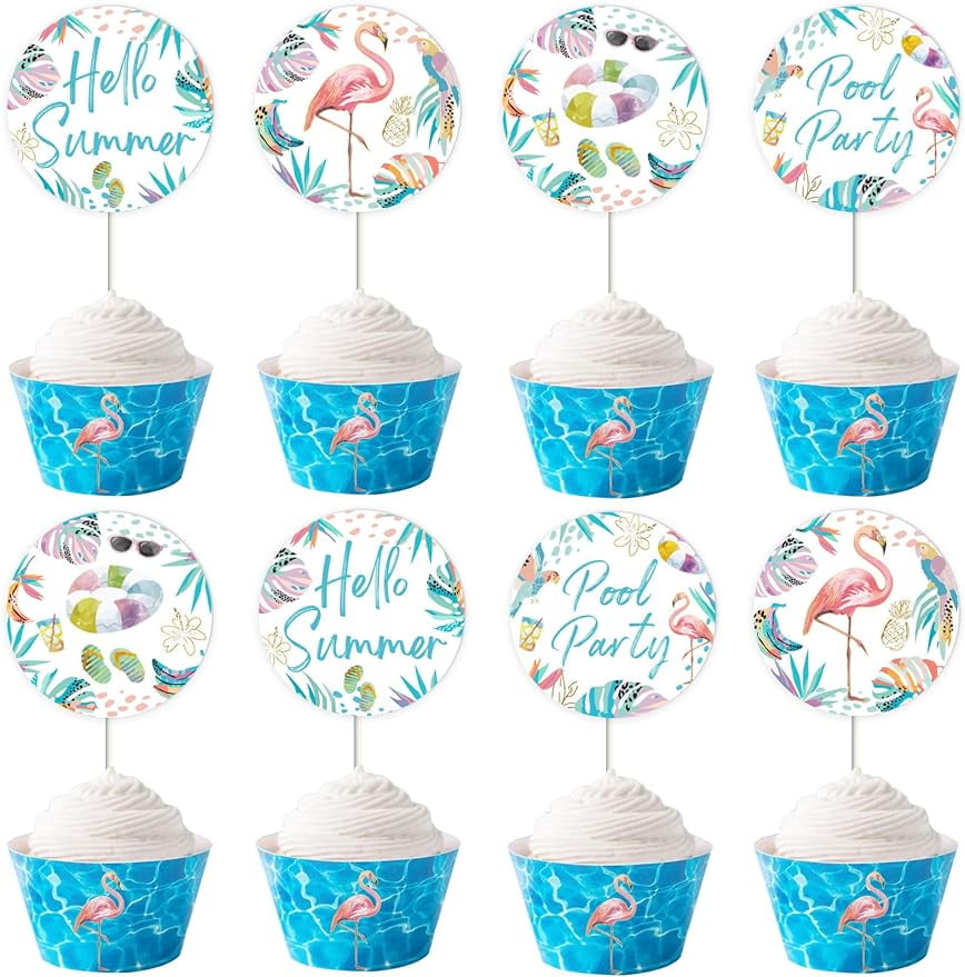24 Pieces Pool Party Cupcake Toppers, Blue Summer Beach Flamingo ...