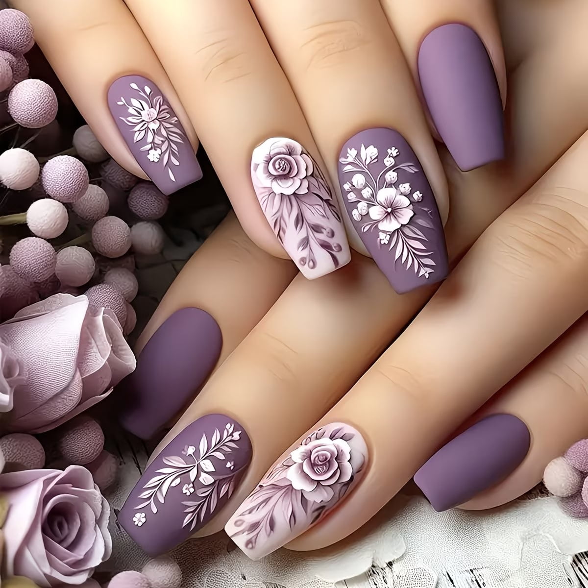 24 Pieces Purple Matte Long Trapezoidal Press on Nails - Elegant False ...
