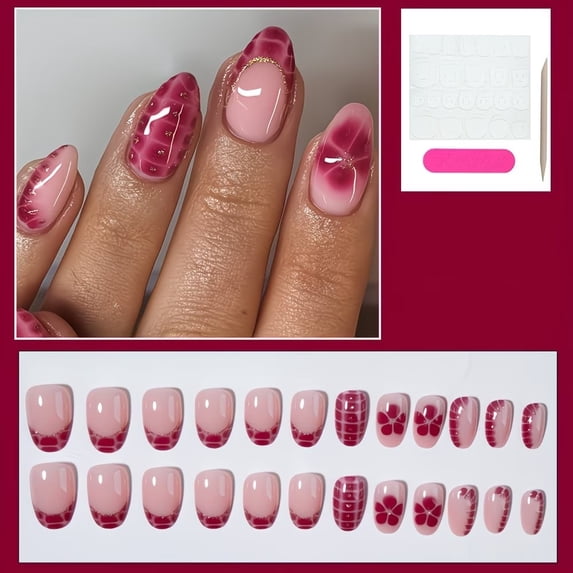 24 Pieces Red French Short Oval Press on Nails Set with Flower Design ...