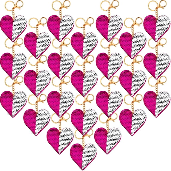 24 Pieces Valentine Heart Keychains Glitter Key Rings Sequin Double ...
