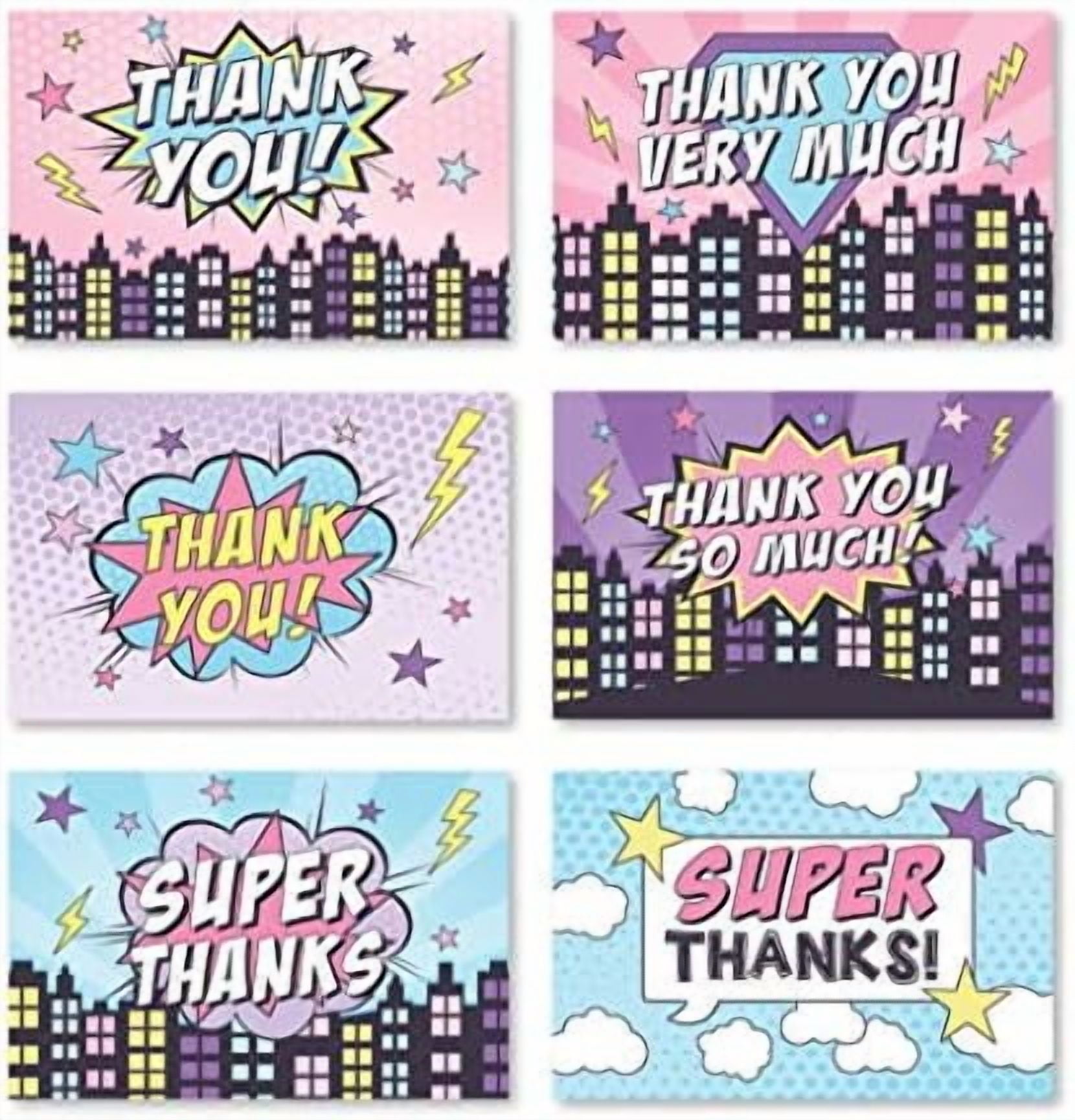 24 Pink Superhero Thank You Cards, Envelopes, Girls Kid Birthday Party ...