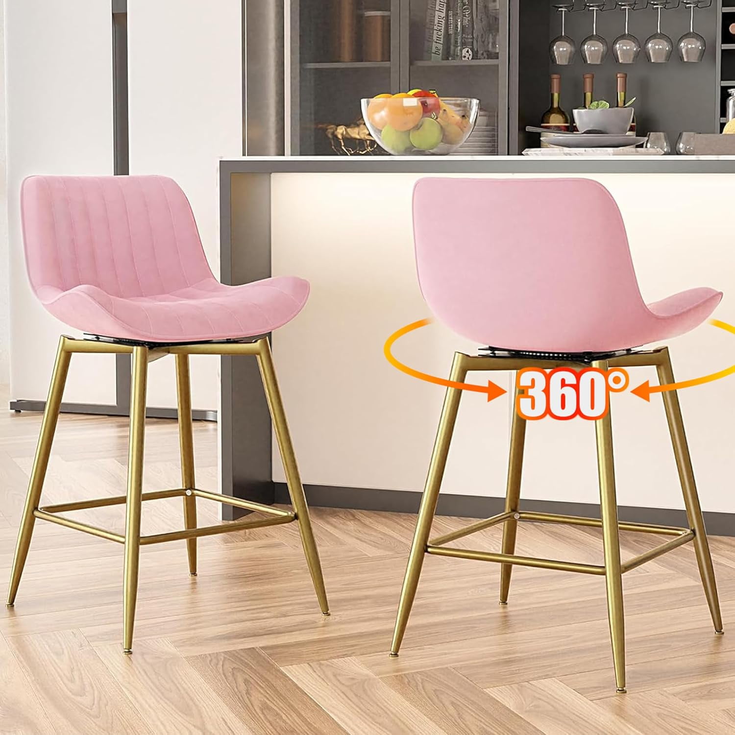 24" Pink Swivel Bar Stools Set of 2, Velvet Counter Height Barstools ...