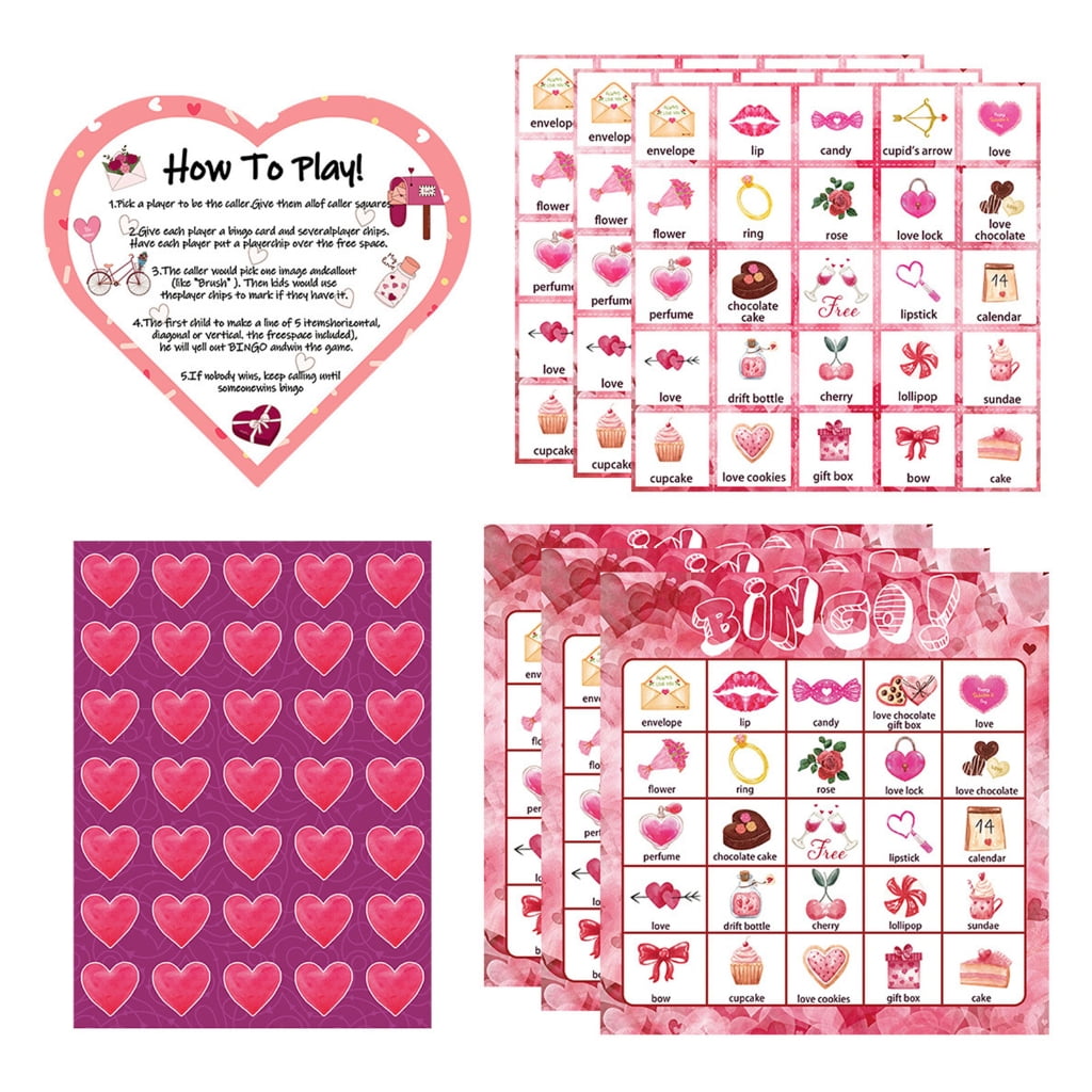 24 Players Valentine's Day Bingo Game Cards for Kids Adults Love Party ...