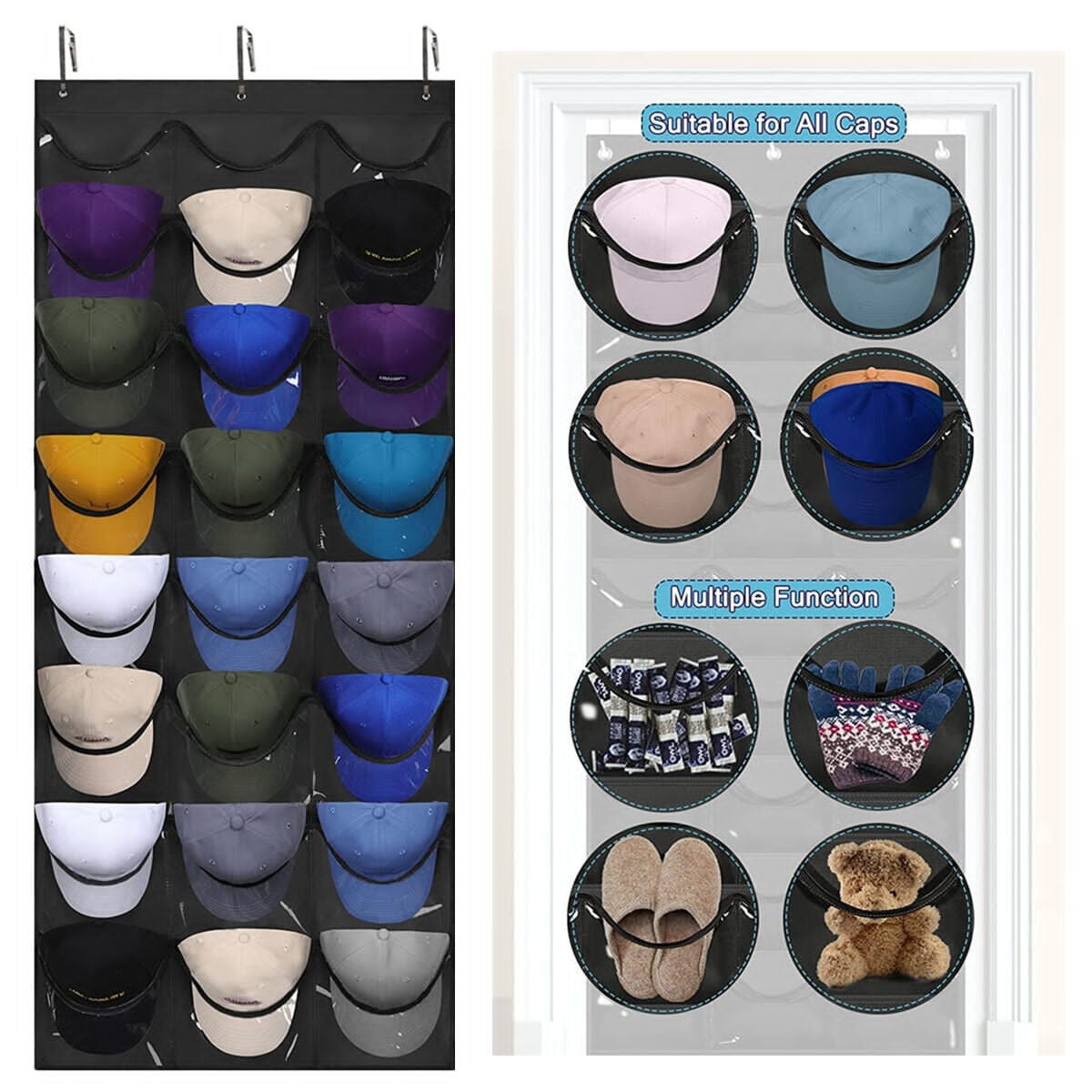 24 Pockets Hat Organizer Over The Door Baseball Hat Rack Cap Holder ...