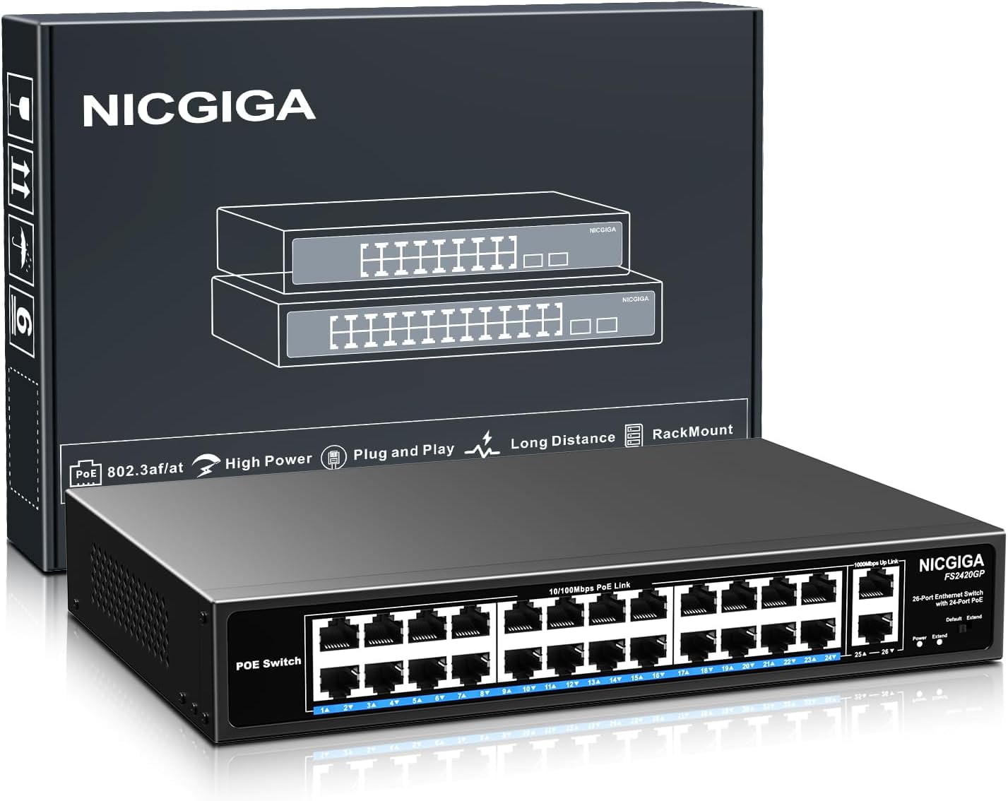 24 Port PoE Switch Unmanaged, 24 Port PoE+@400W, 2 Gigabit Uplink Ports ...