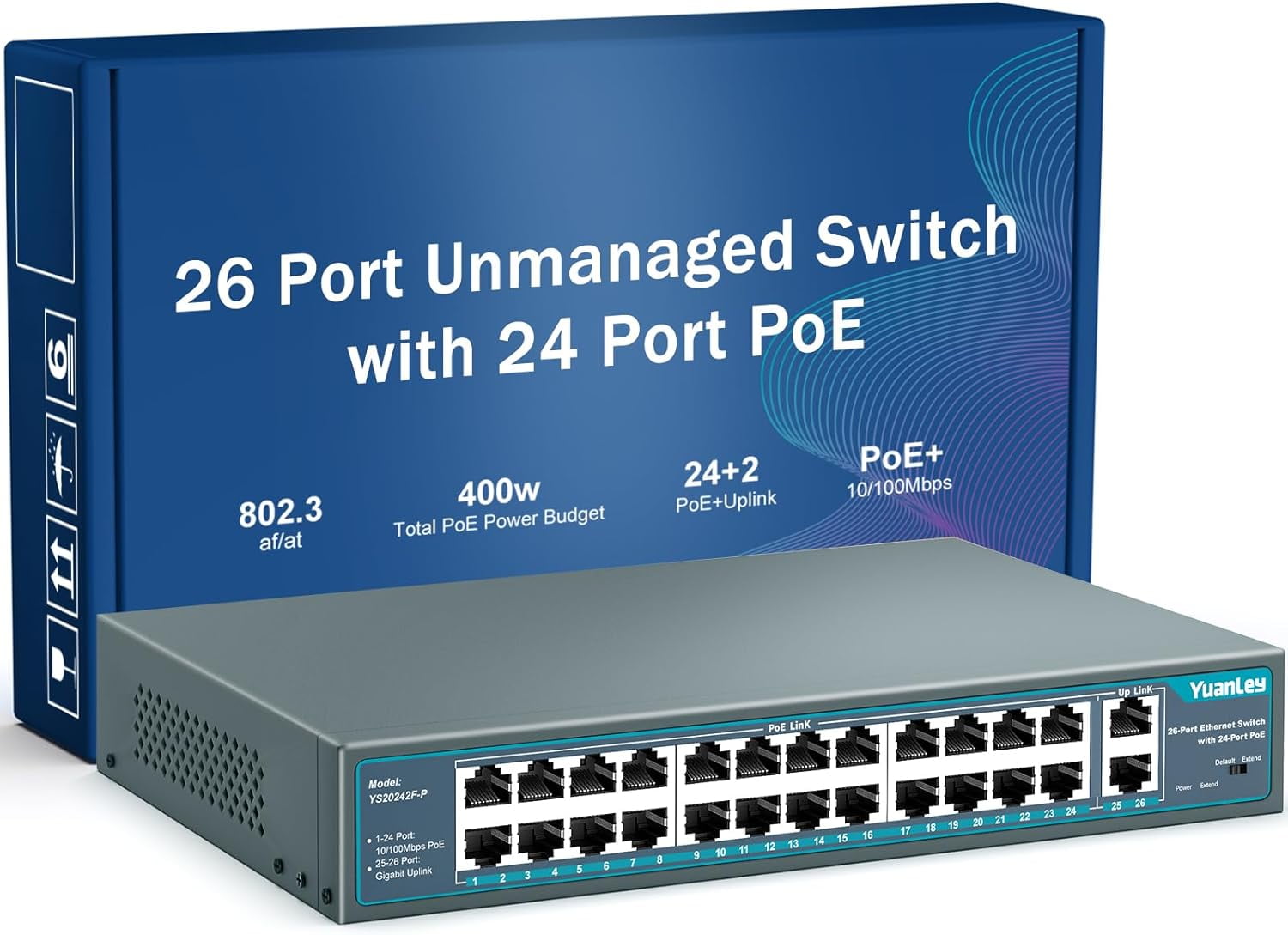 24 Port PoE Switch with 2 Gigabit Ethernet Uplink Port, Unmanaged 26 Port 802.3af/at 400W Power ...
