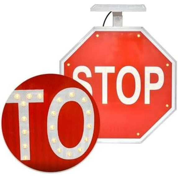 24" Power Solar Stop Flashing Traffic Signs LED Flashing Street Metal ...