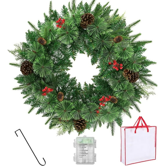 24" Pre-Lit Artificial Christmas Wreath, Norwood Fir Carolina Pine with ...
