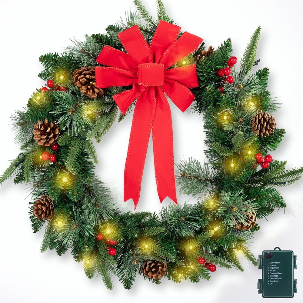 24" Pre-Lit Christmas Wreath Decorations with 70 Lights and PVC ...