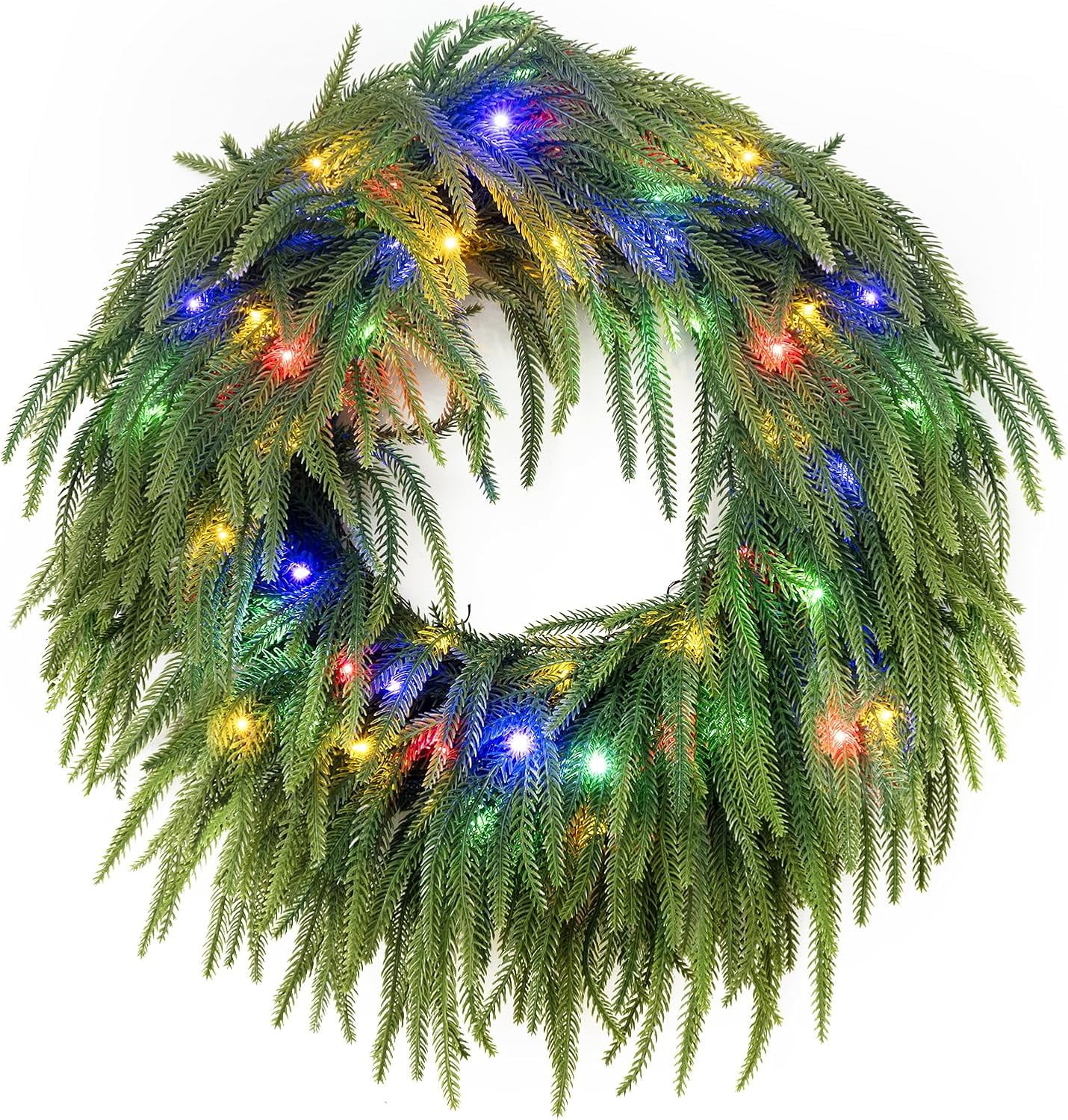 24” Pre-Lit Christmas Wreaths for Front Door, Norfolk Pine Wreath with ...