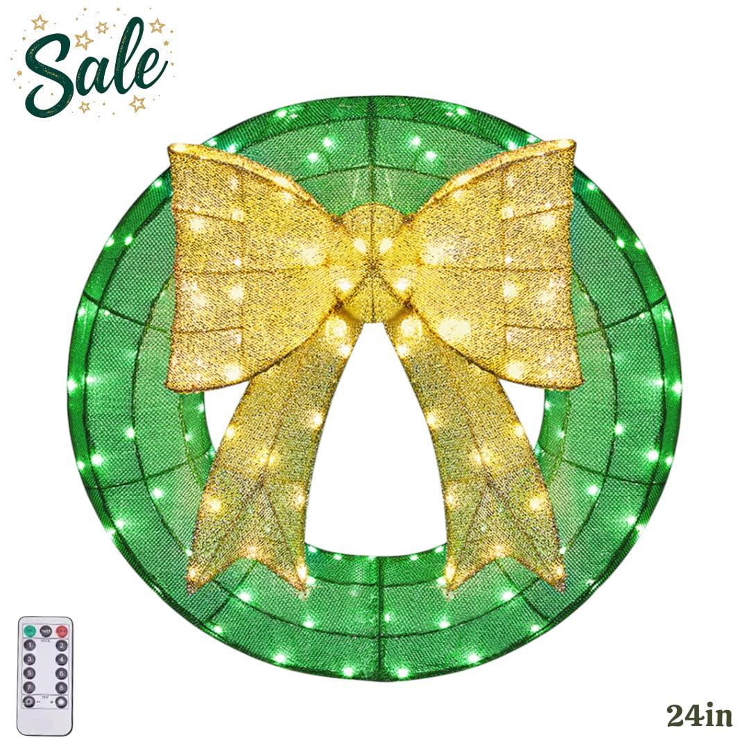 24" Pre-Lit Outdoor Christmas Wreath with Golden Bow, 200 LED Lights ...