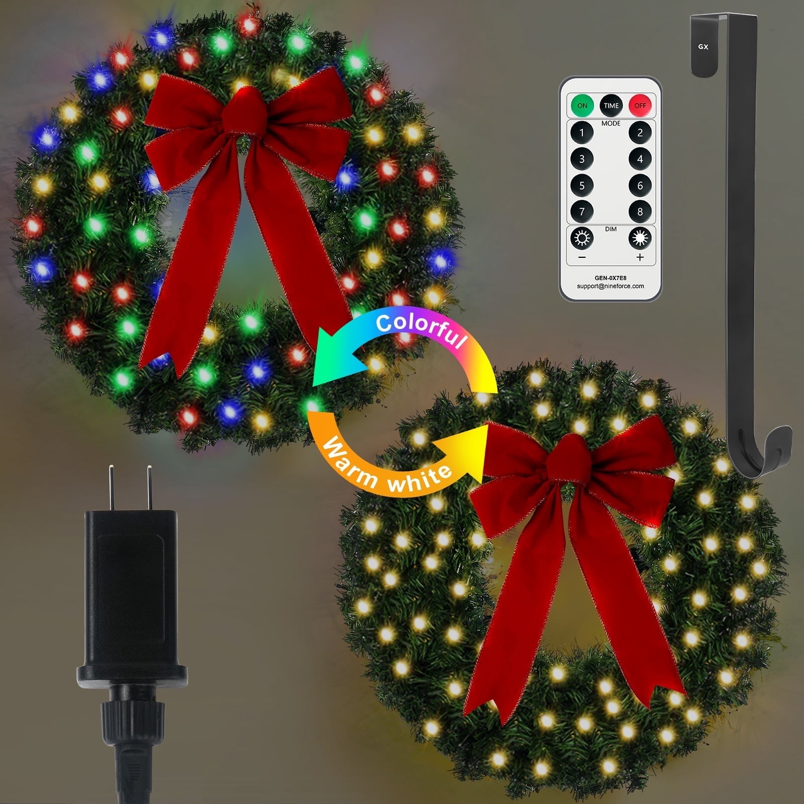 24" Prelit Christmas Wreath for Front Door with 50 LED Lights, Timer ...