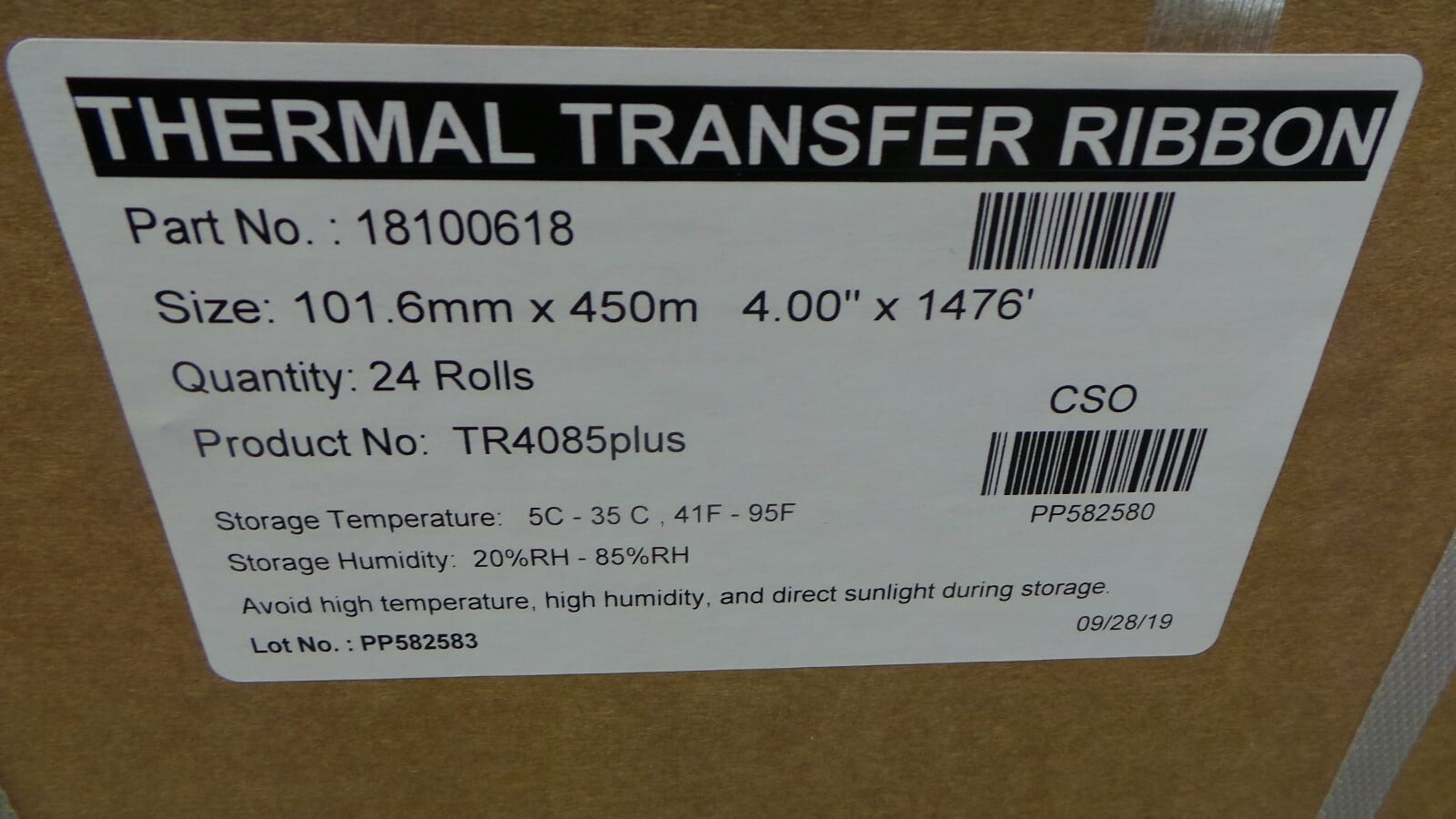 24 ROLLS ZEBRA TR4085plus 18100618 THERMAL TRANSFER RIBBON 4"x1476 ...
