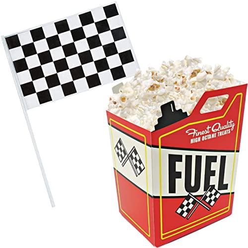 24 Race Car Popcorn Treat Boxes with 24 Checkered Flags, Black and ...