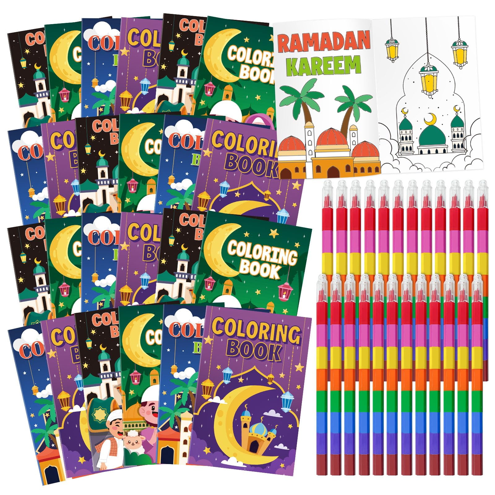 24 Ramadan Coloring Books Bulk With 24 Stacking Crayons Set Eid Mubarak ...
