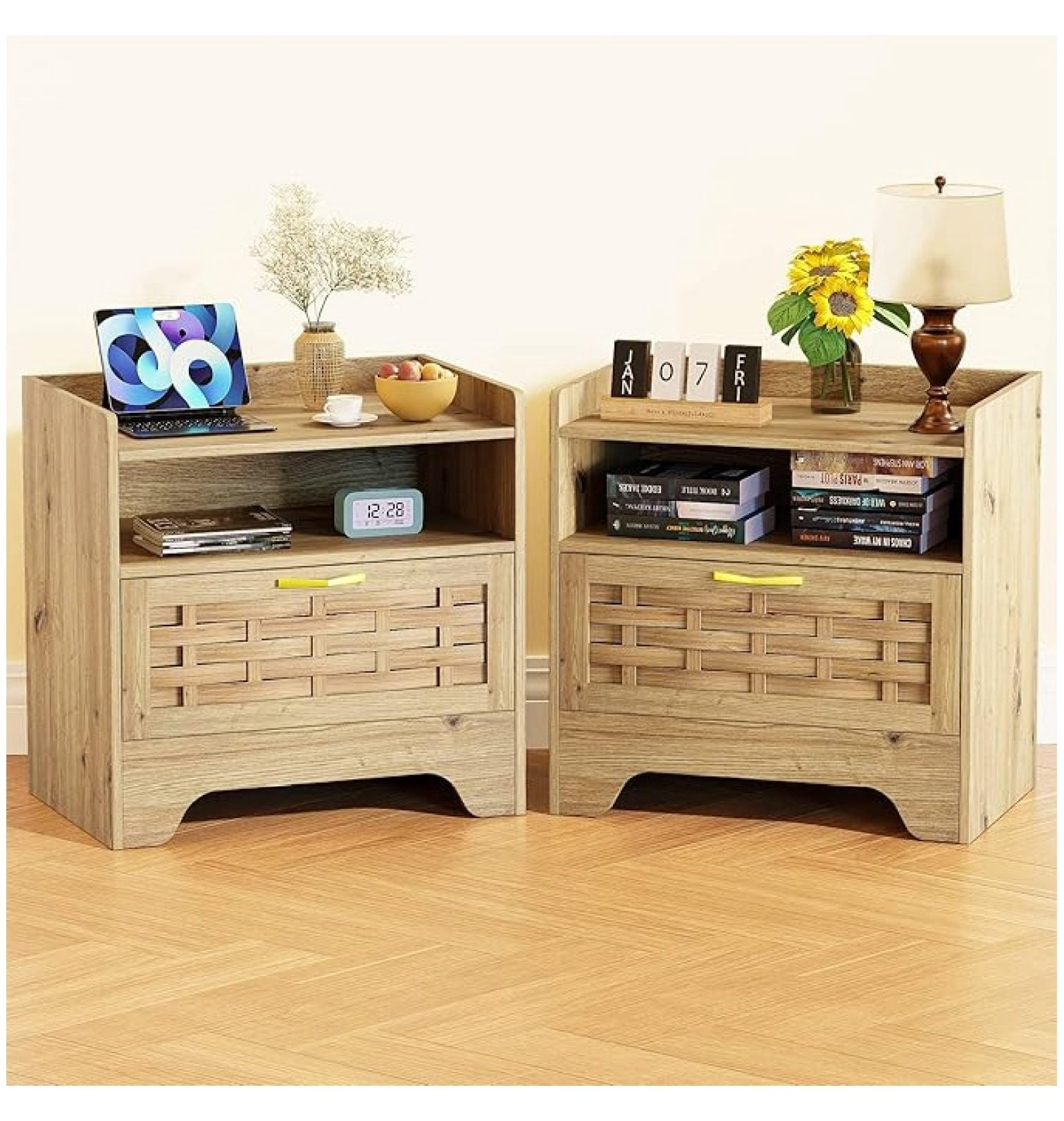 24" Rattan Nightstand Set of 2, Oak Bedside Table with Semi Open Cubby ...