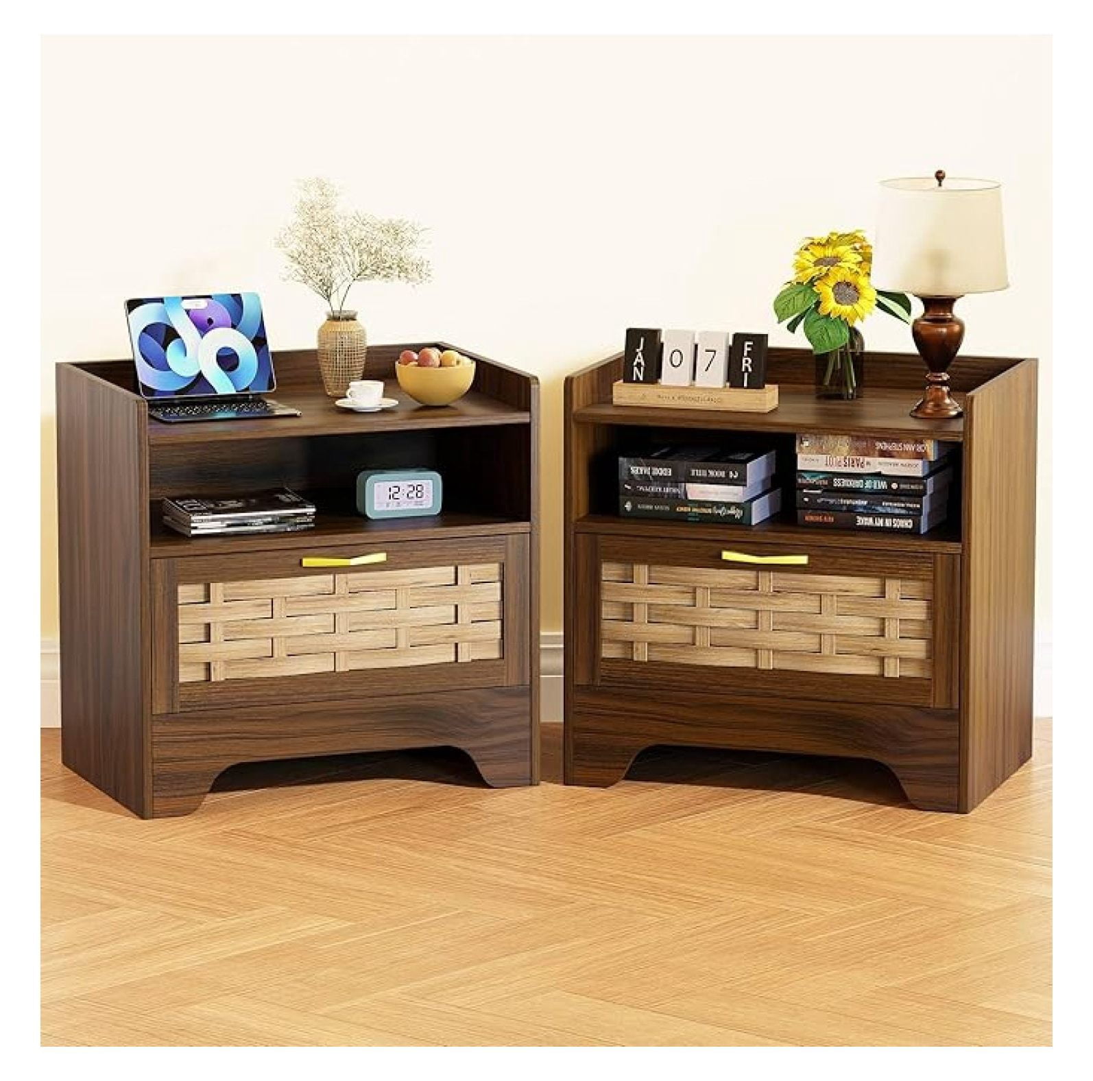 24" Rattan Nightstand Set of 2, Walnut Bedside Table with Semi Open ...
